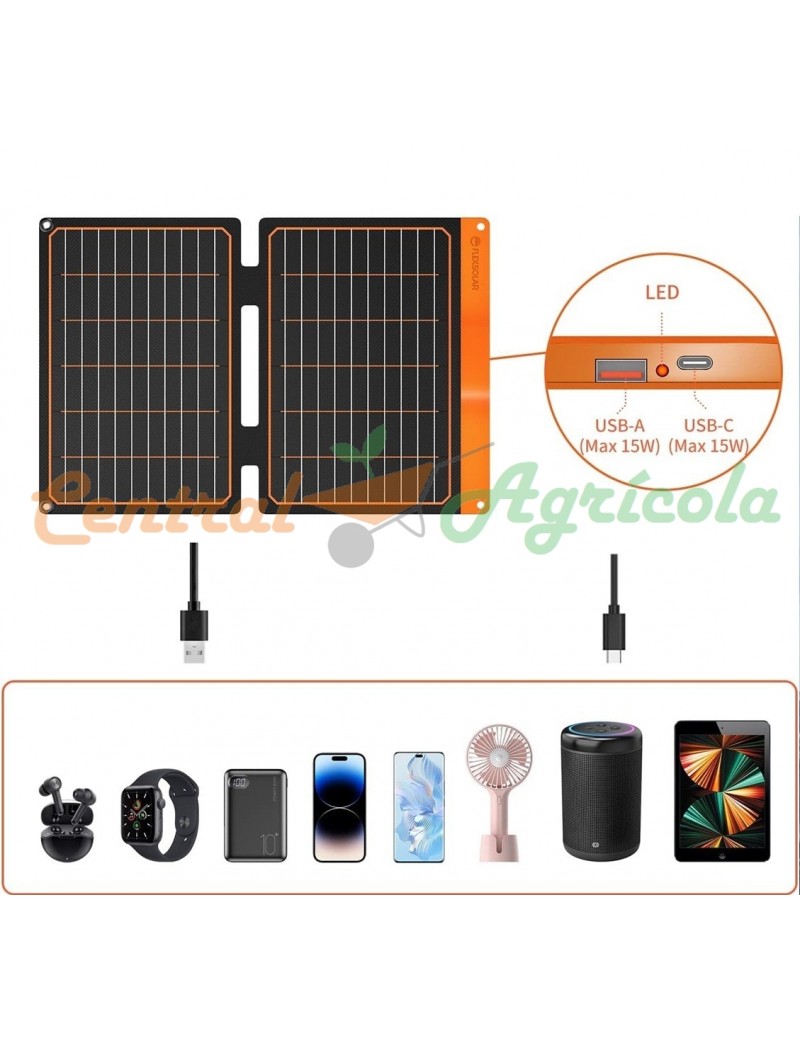Panel Solar Cargador Plegable 20W USB-A USB-C Portátil Impermeable